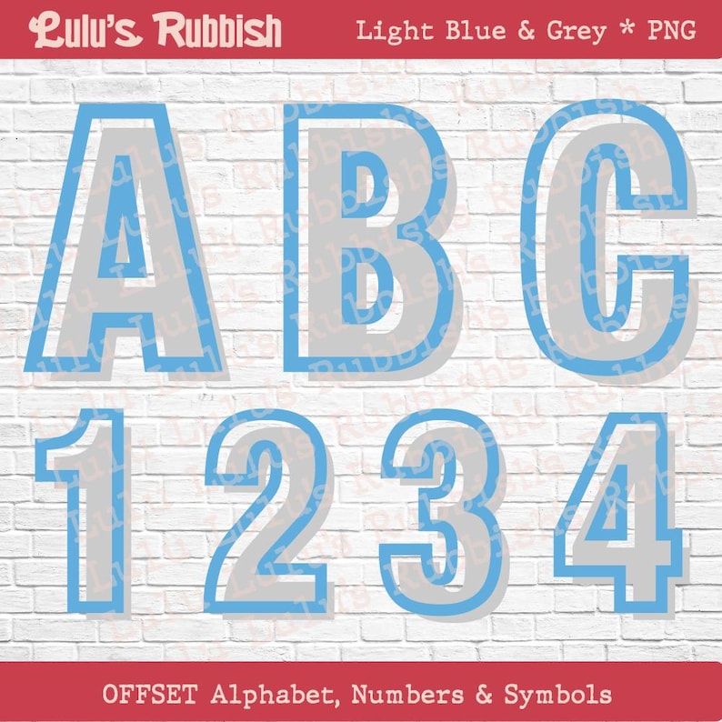 Colorful Offset Alphabet PNG Set: Light Blue & Grey Font (digital ...