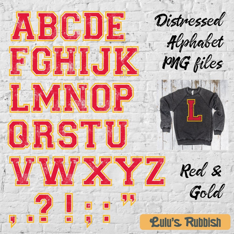 Varsity Distressed Alphabet Set Png, Red & Gold Alphabet Set, Png Files ...