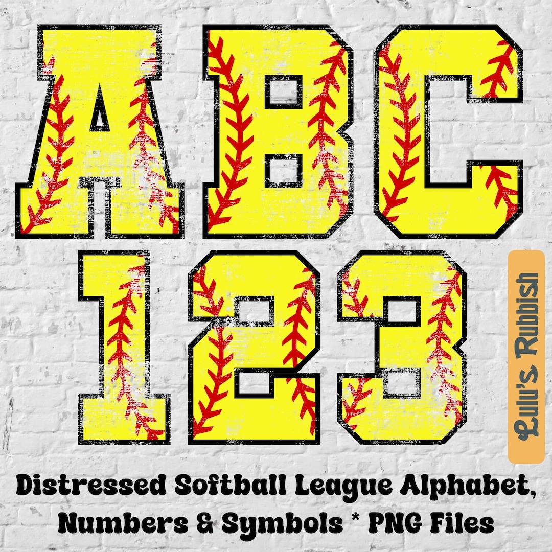 Distressed Softball League Alphabet, Numbers, Symbols (PNG Digital ...