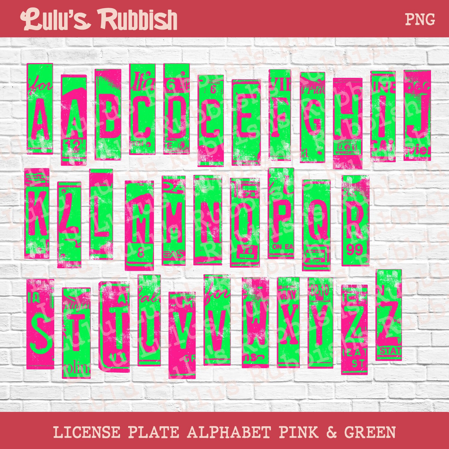 Hot Pink & Green License Plate Alphabet, Grunge Neon Alphabet ...