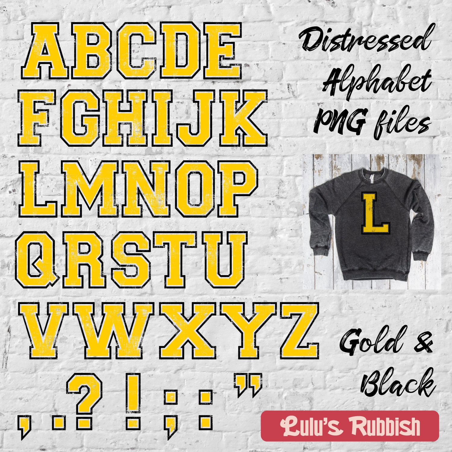 Varsity Distressed Alphabet Set Png, GOLD & BLACK Alphabet Set, Png ...