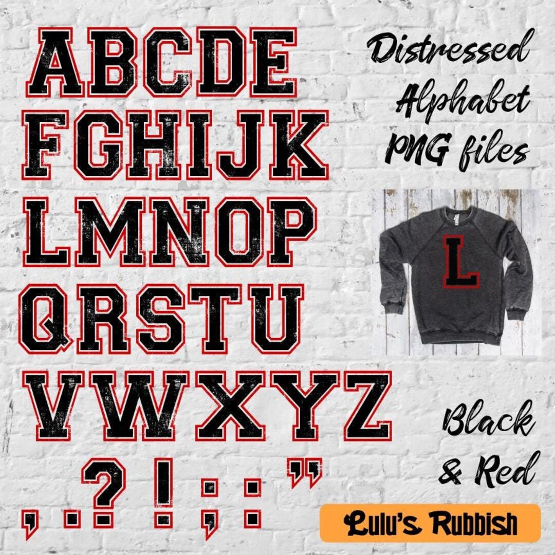 Varsity Distressed Alphabet Set Png, Black & Red Alphabet Set, Png ...
