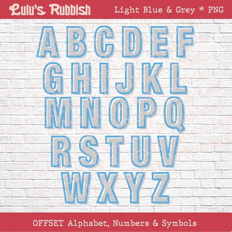 Colorful Offset Alphabet PNG Set: Light Blue & Grey Font (digital ...