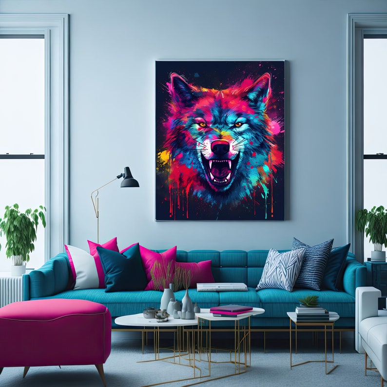 Abstract Colorful Wolf Art Vibrant Wildlife Painting Contemporary Wall ...