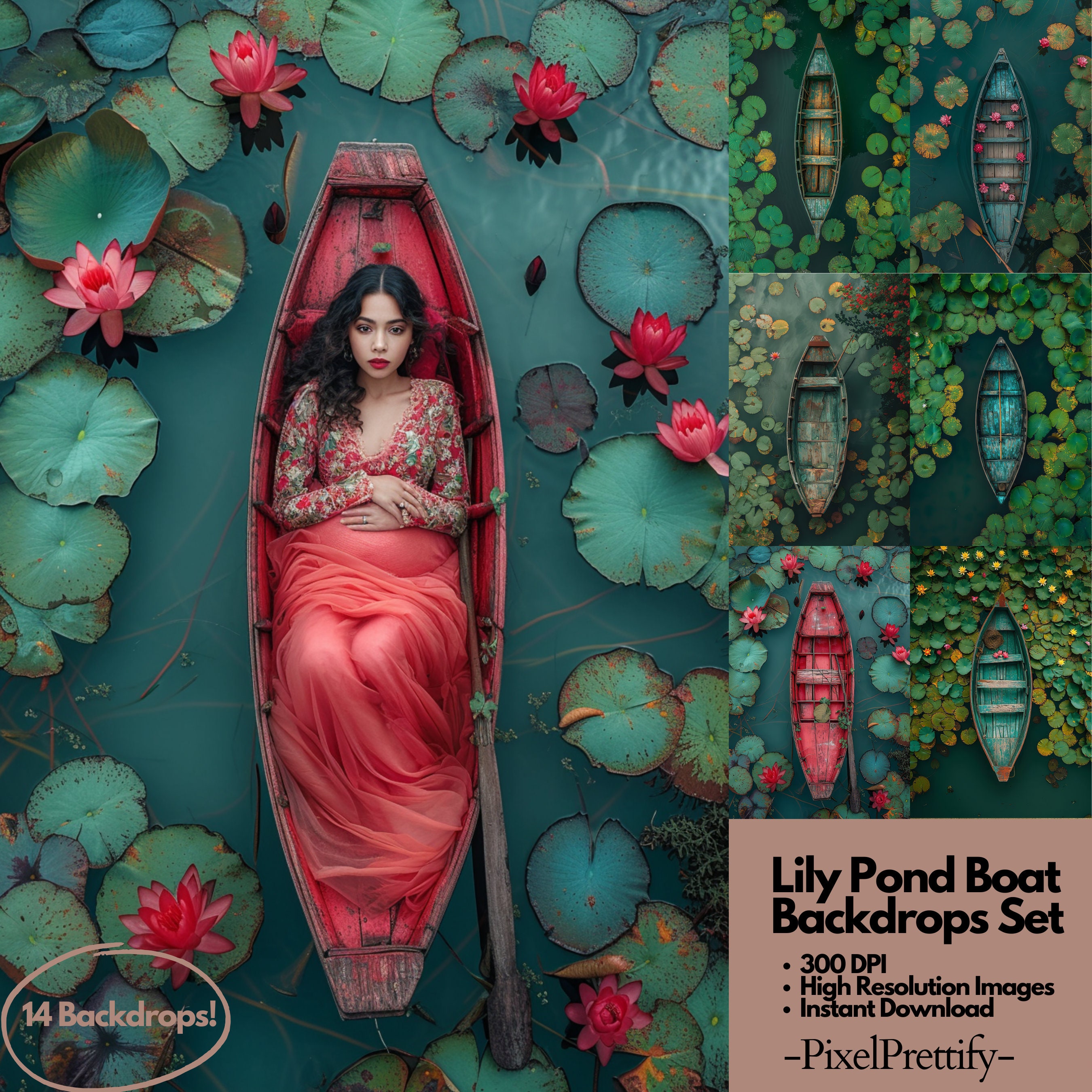 Lily Pond Boat Digital Backdrop Overlay for Portrait Photography Dreamy Maternity & Fine Art ...