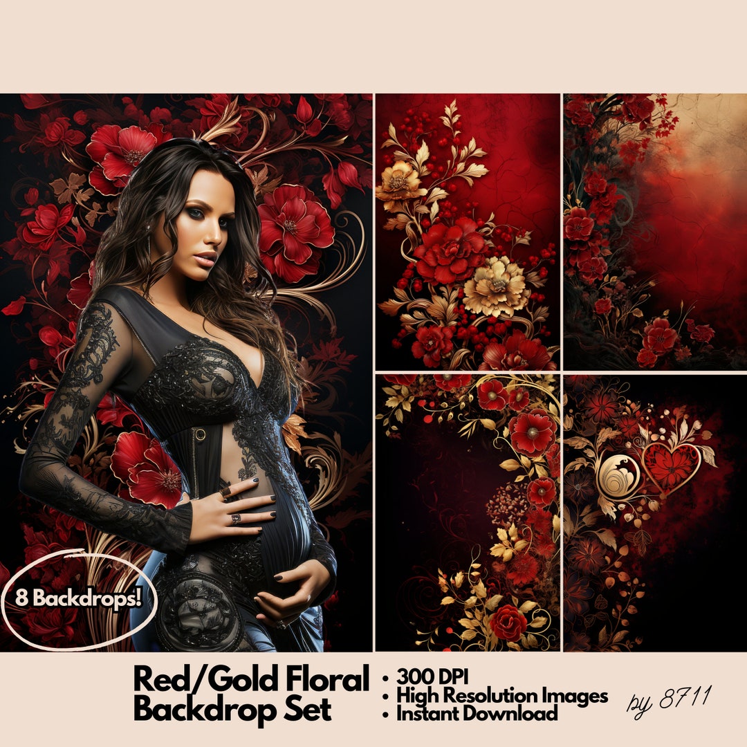 Red and Gold Floral Digital Backdrops Maternity Backdrop Overlays Photography Digital Background ...
