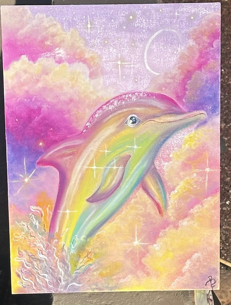Original Acrylic Rainbow Dolphin and Clouds Painting, 16x12 Inch ...