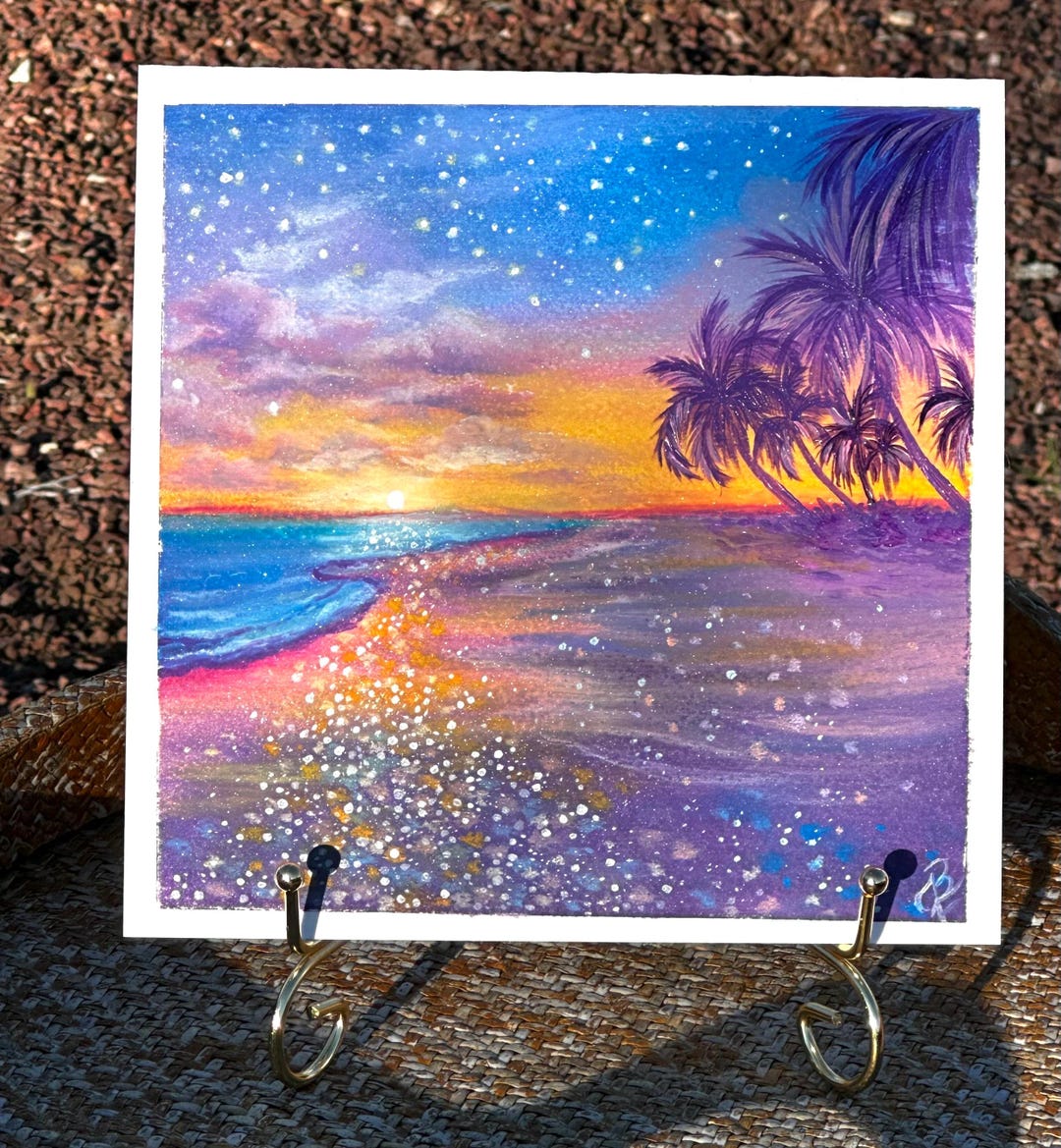 Starry Night and Beach Oil Pastel Painting | 8×8 Original Handpainted ...