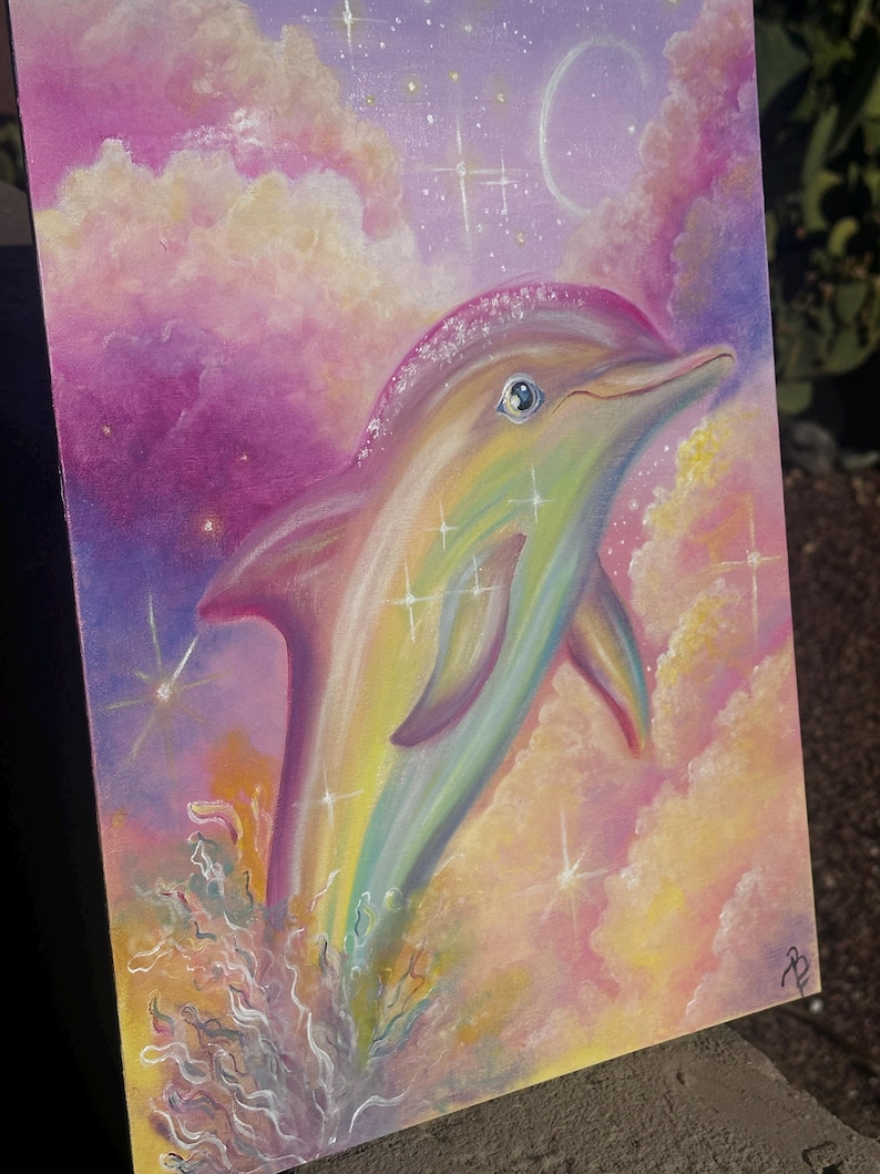 Original Acrylic Rainbow Dolphin and Clouds Painting, 16x12 Inch ...