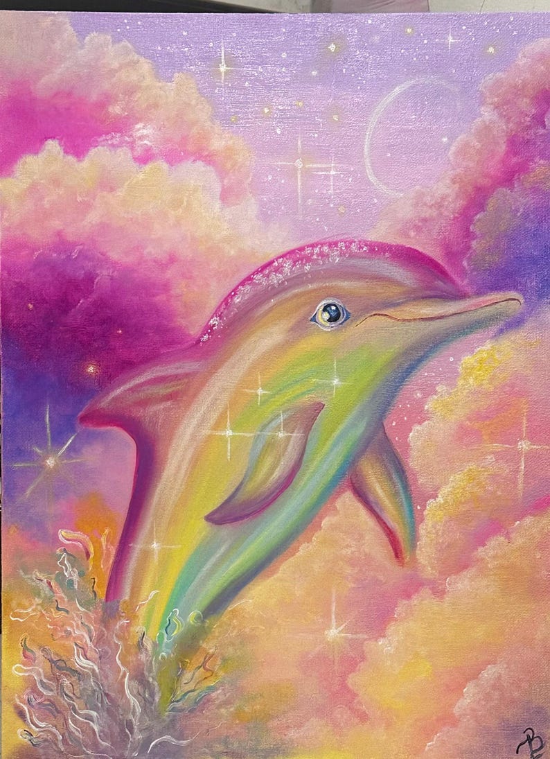 Original Acrylic Rainbow Dolphin and Clouds Painting, 16x12 Inch ...