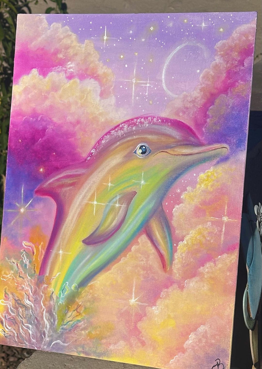 Original Acrylic Rainbow Dolphin and Clouds Painting, 16x12 Inch ...