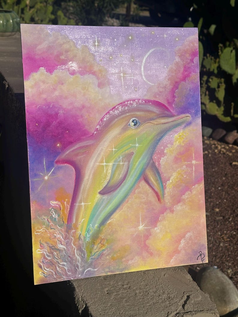 Original Acrylic Rainbow Dolphin and Clouds Painting, 16x12 Inch ...