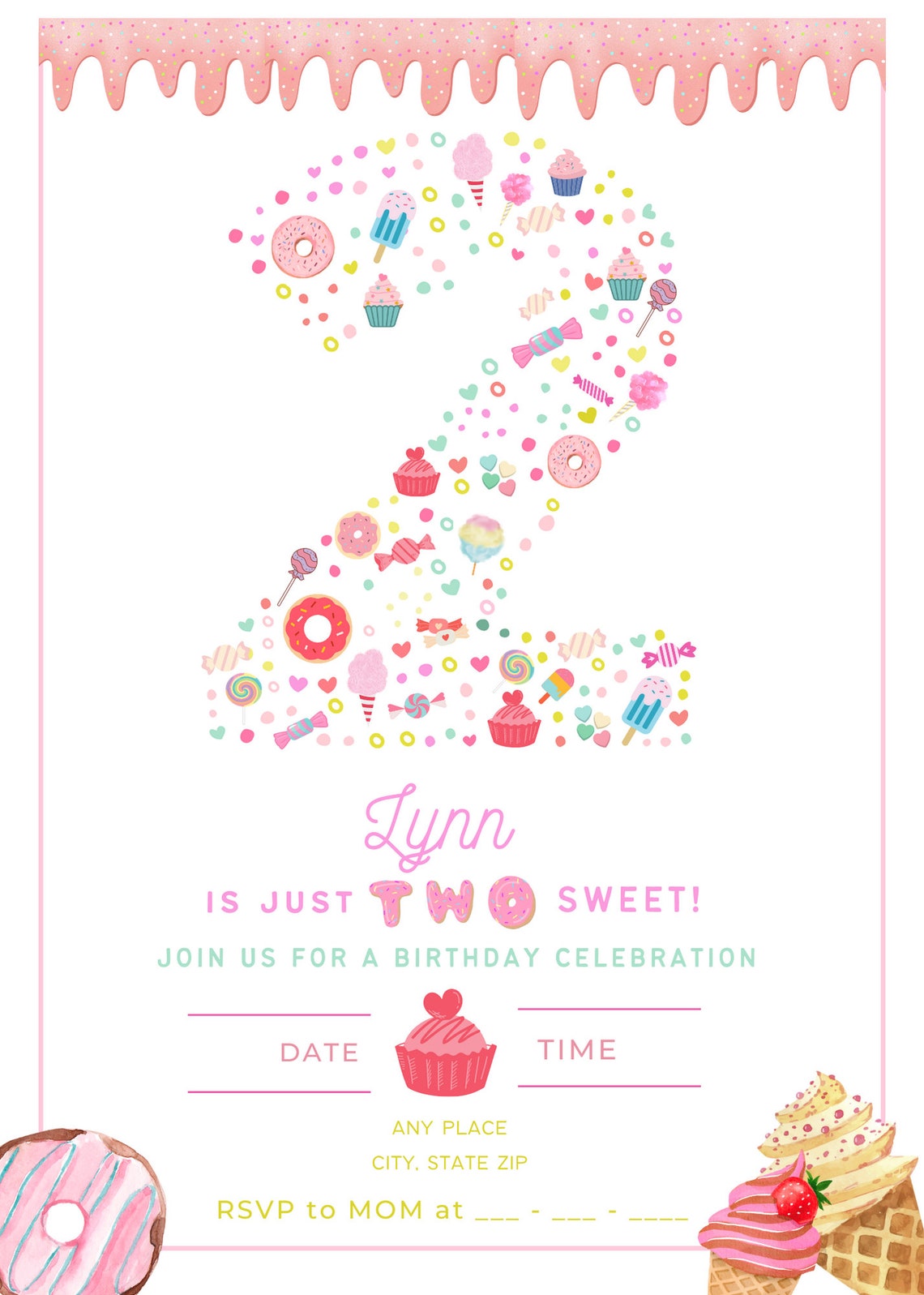 Two Sweet | Printable Birthday Invitation | Instant Download | Digital ...