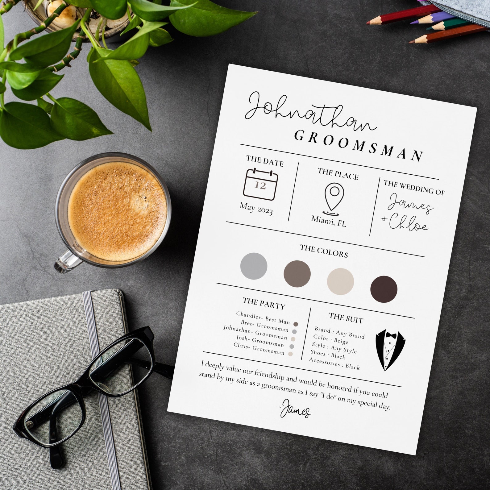 Groomsman Info Card Canva Digital Template Modern Editable Groomsman ...