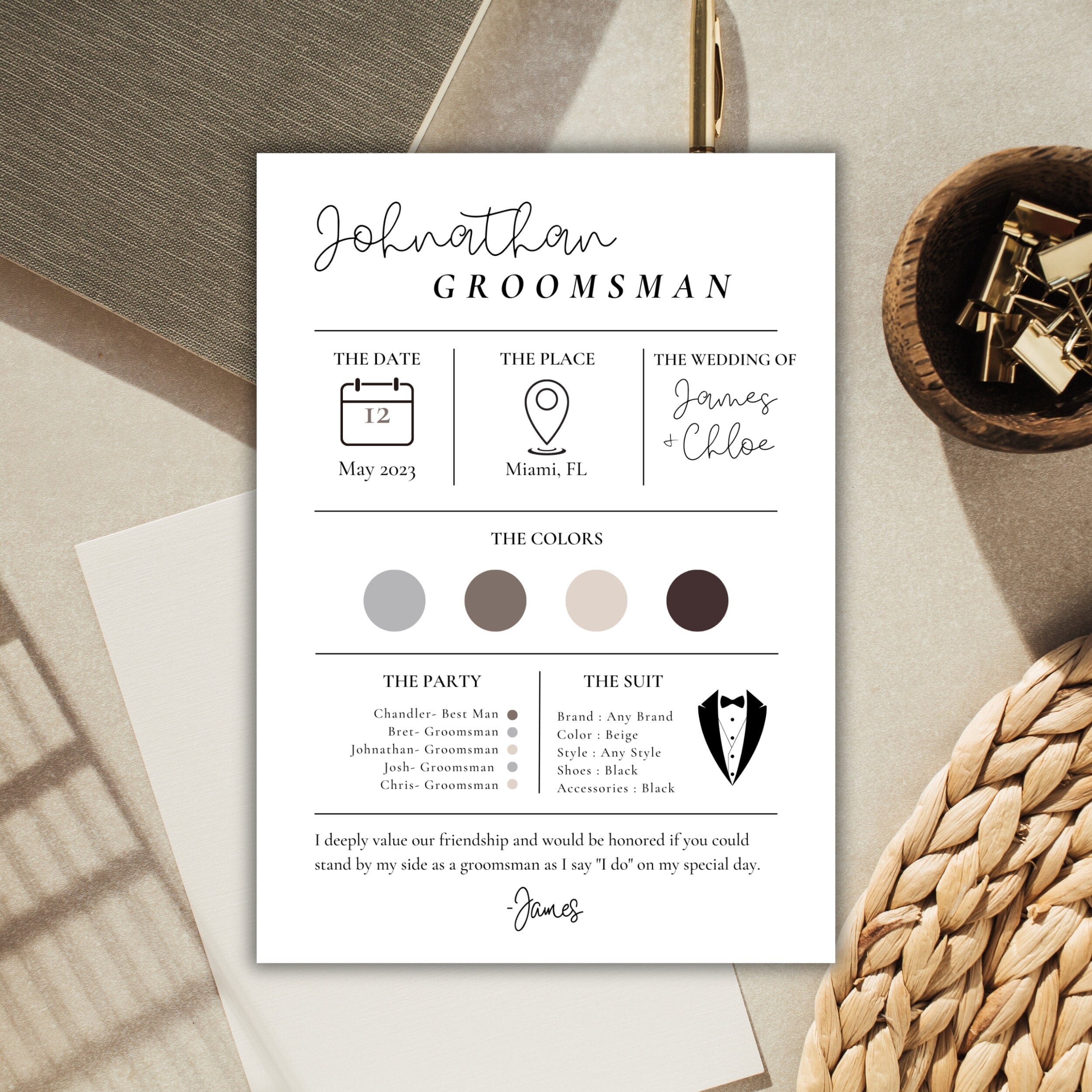 Groomsman Info Card Canva Digital Template Modern Editable Groomsman ...