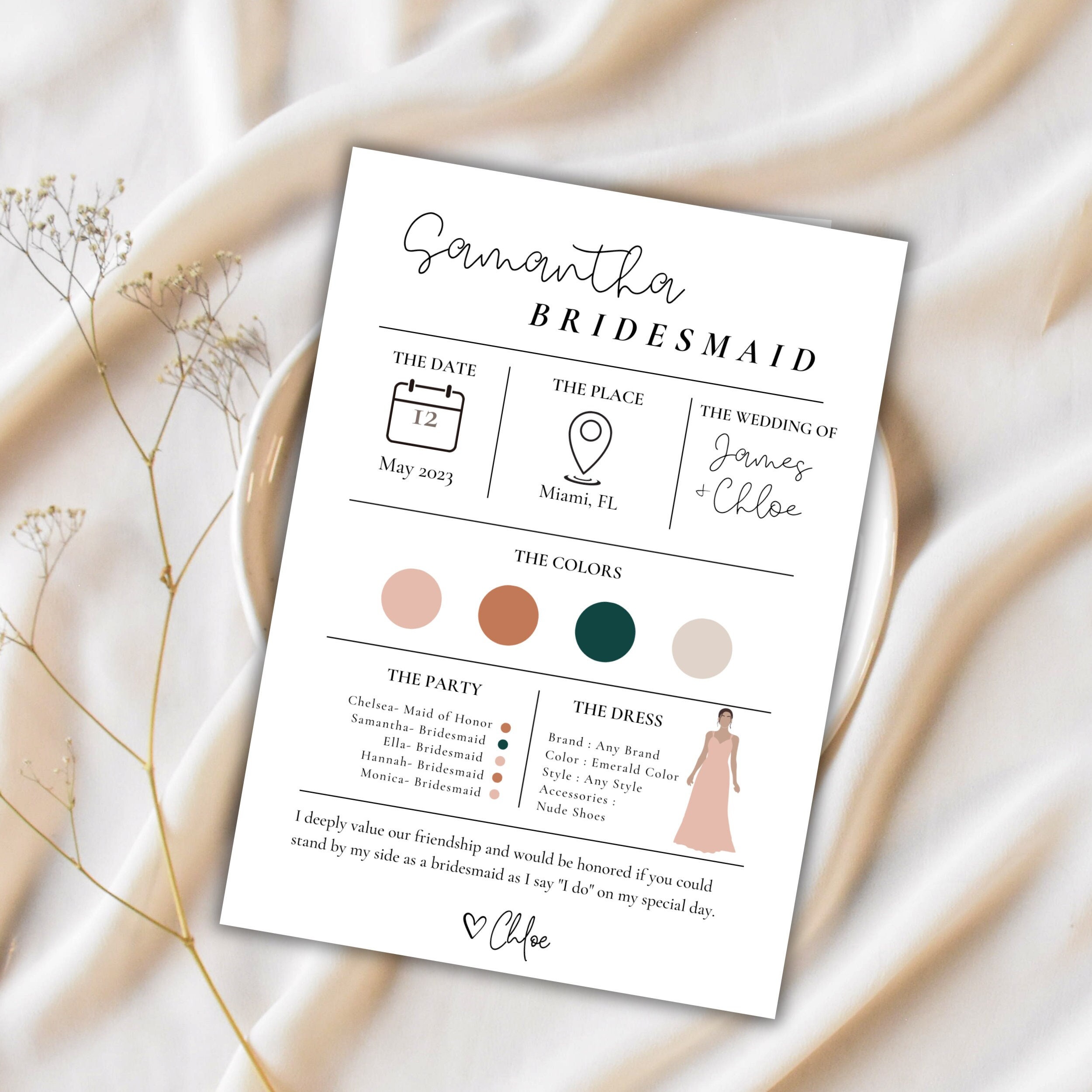 Bridesmaid Info Card Template Canva Bridal Party Info Card Bridesmaid ...