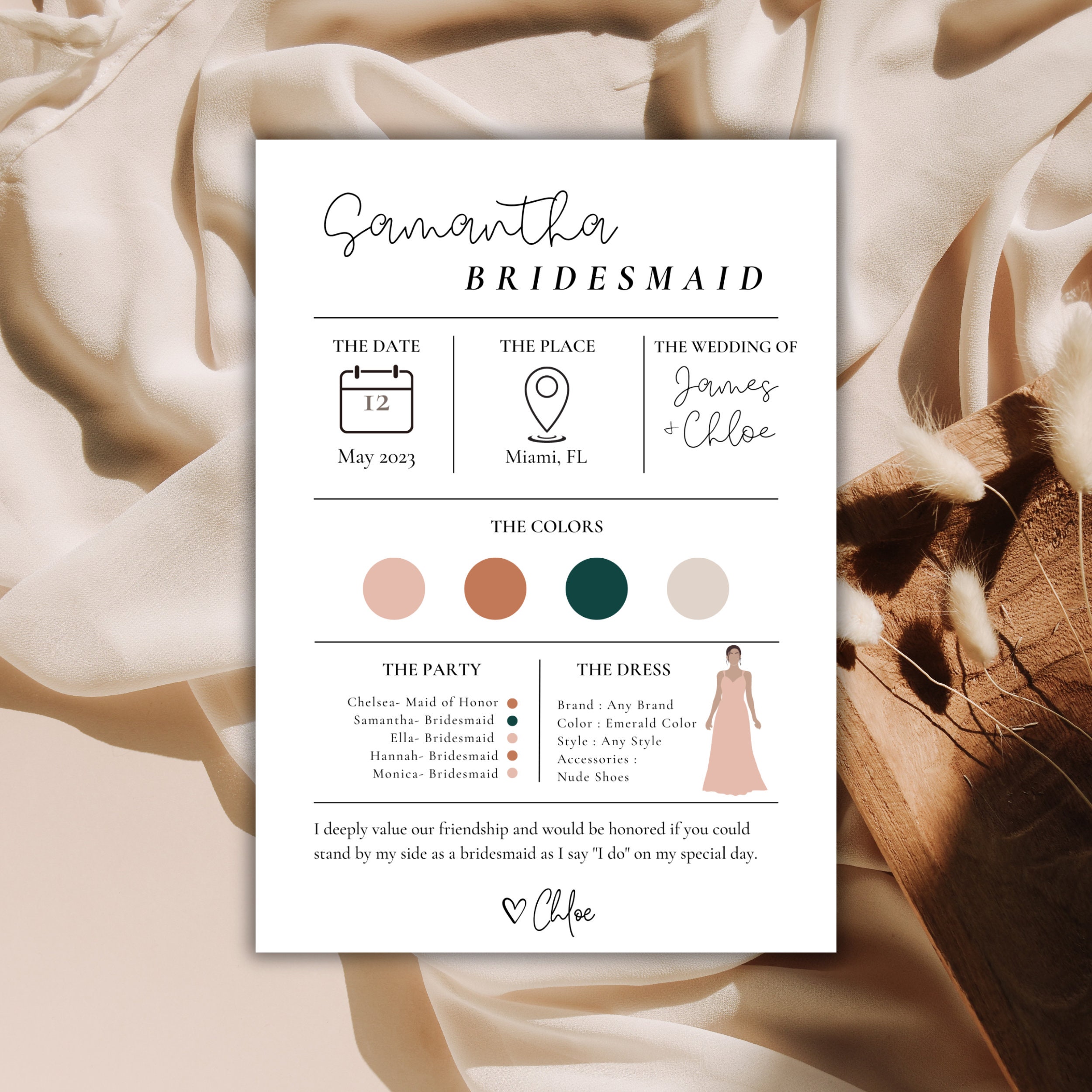 Bridesmaid Info Card Template Canva Bridal Party Info Card Bridesmaid ...