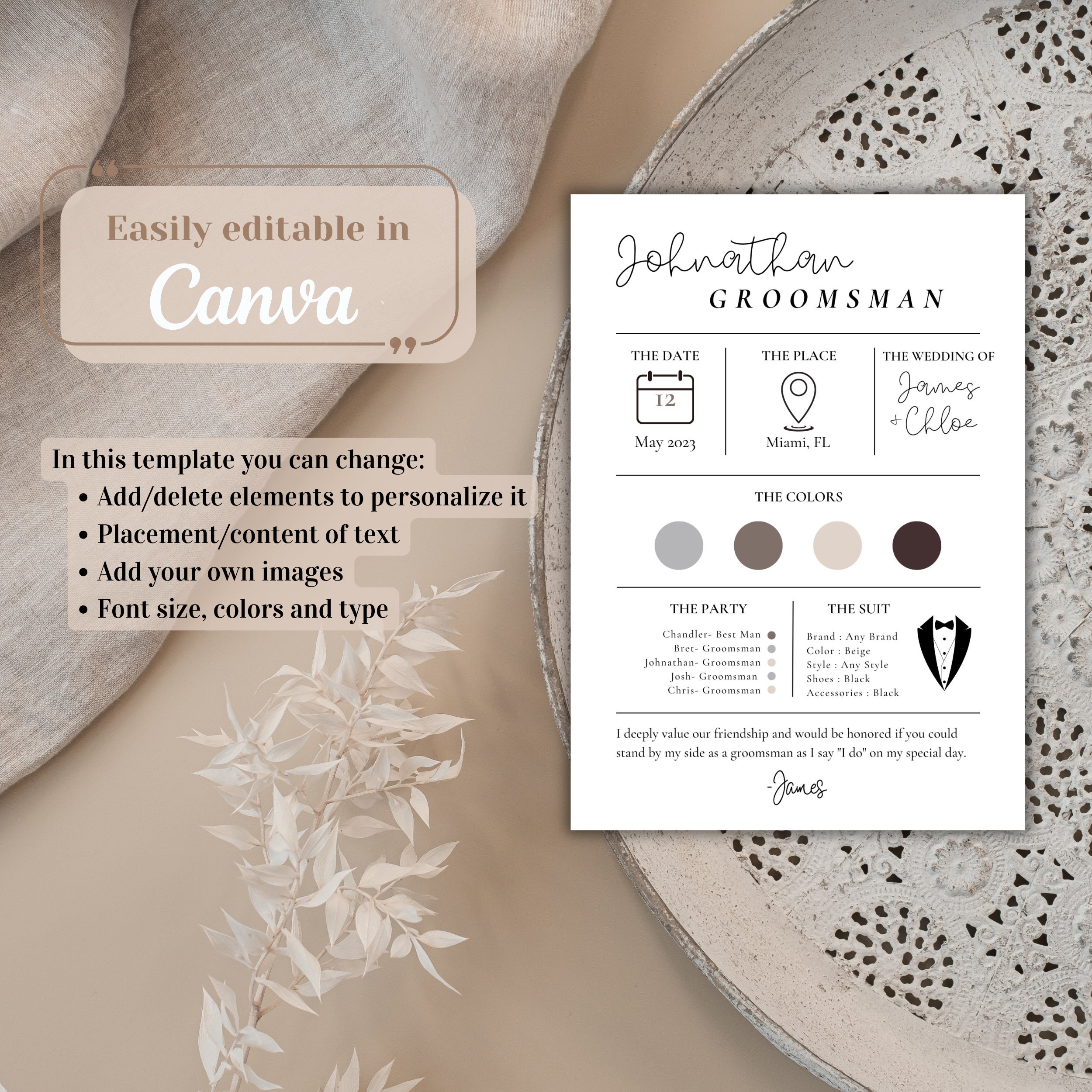 Groomsman Info Card Canva Digital Template Modern Editable Groomsman ...