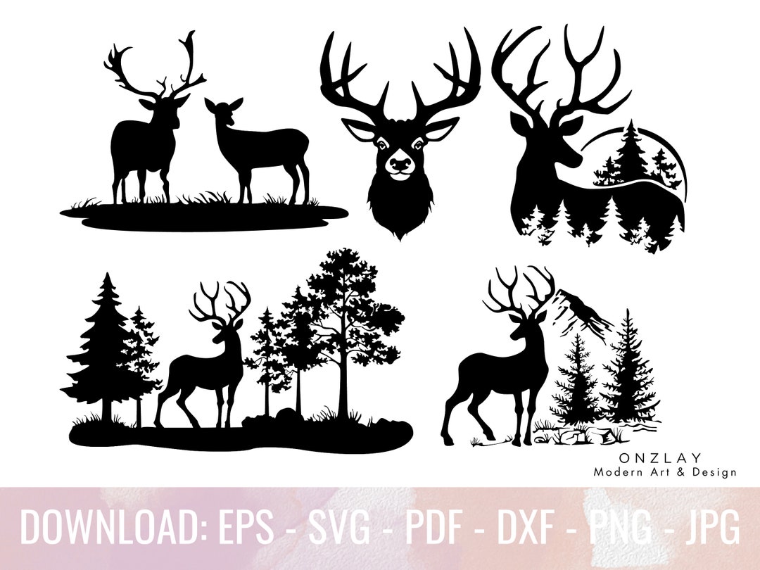 5 Deer Bundle Svg | Baby Deer Svg, Winter Trees Deer Svg | Deer ...