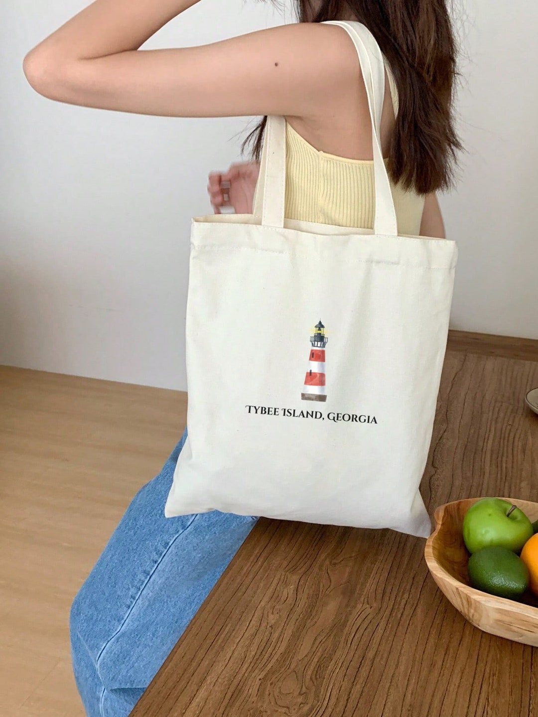 Lighthouse Tote Bag, Tybee Island, Beach Bag, Farmers Market, Reusable ...