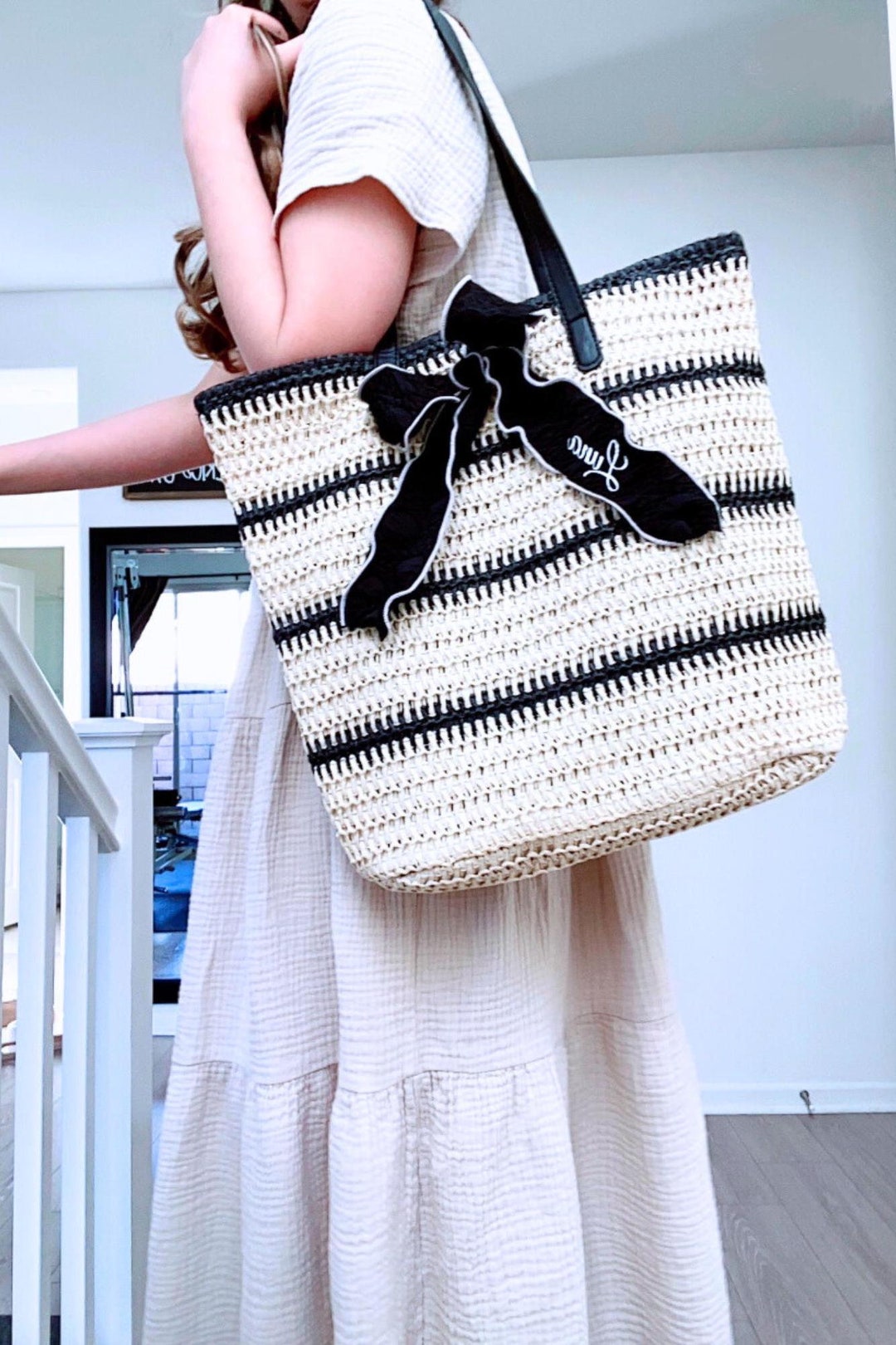 Custom Straw Beach Bag With Zipper Personalize Monogram Shoulder Bag ...