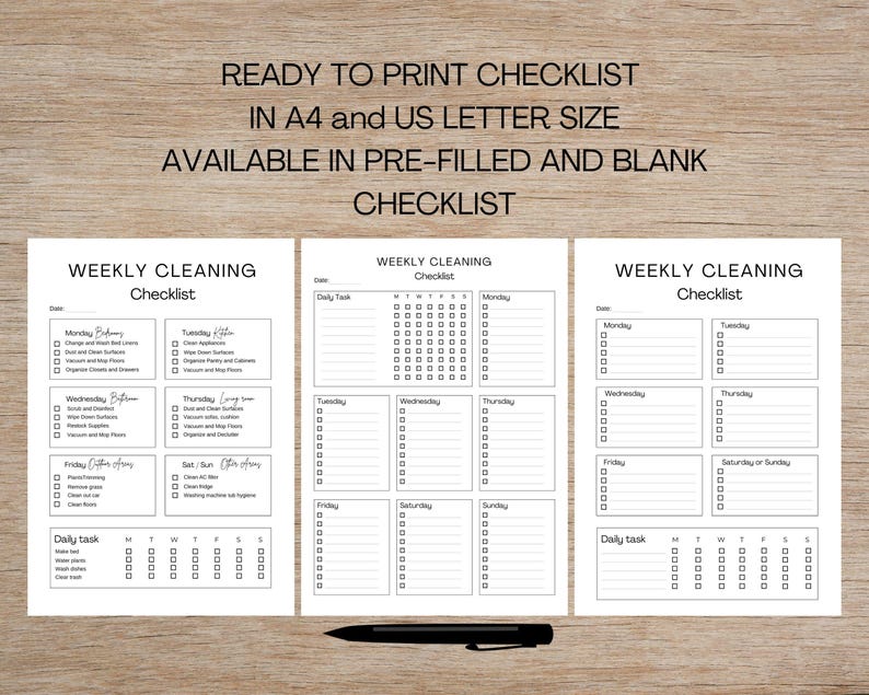 Printable Cleaning Checklist Schedule, Weekly & Daily Routine, Home ...