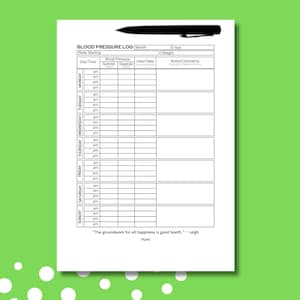 Printable Blood Pressure Chart Tracker, Heart Rate, BP Log Sheet ...