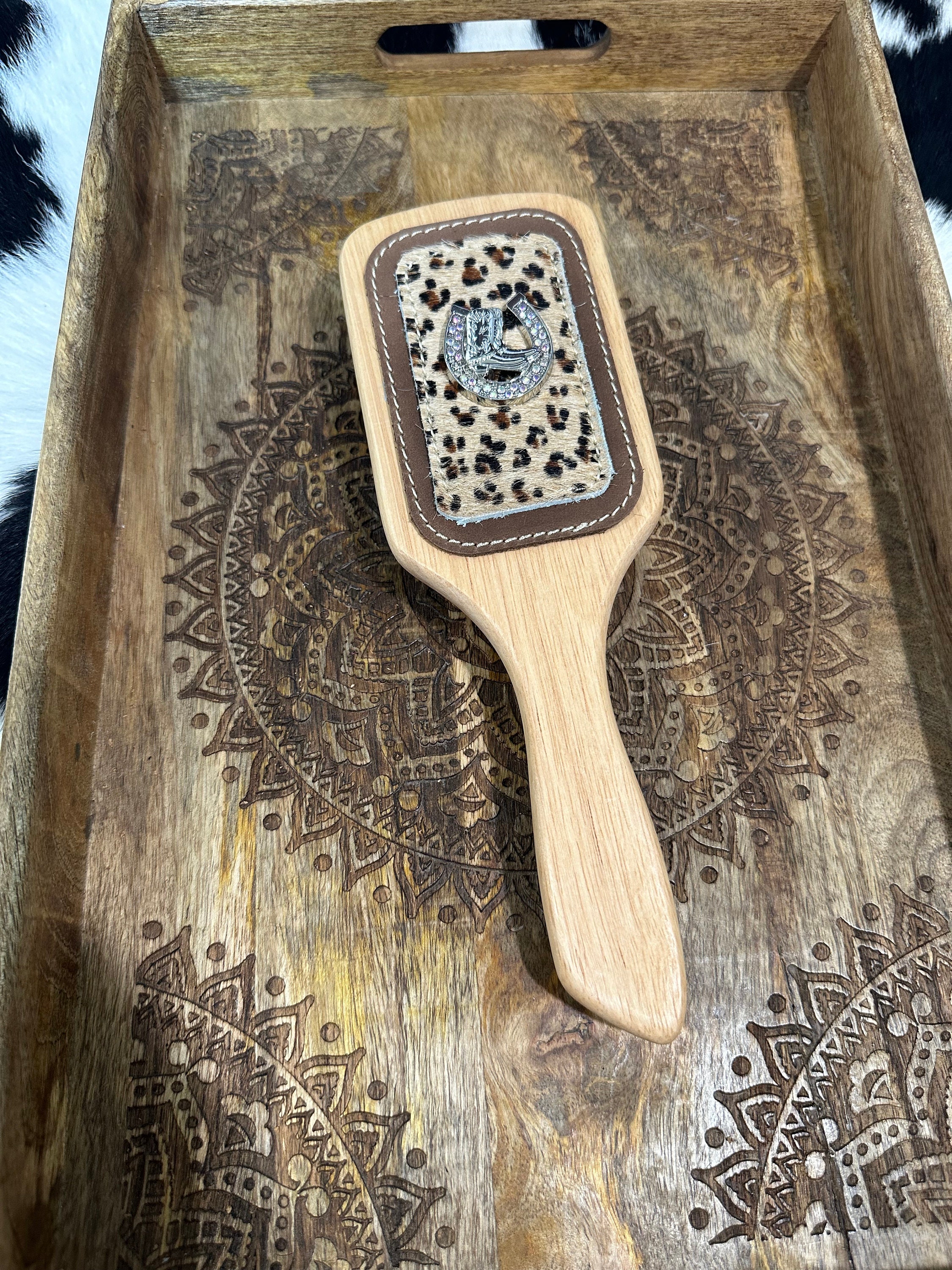 Western Cowhide Print and Acid Wash With Leather Bamboo Paddle Hair ...