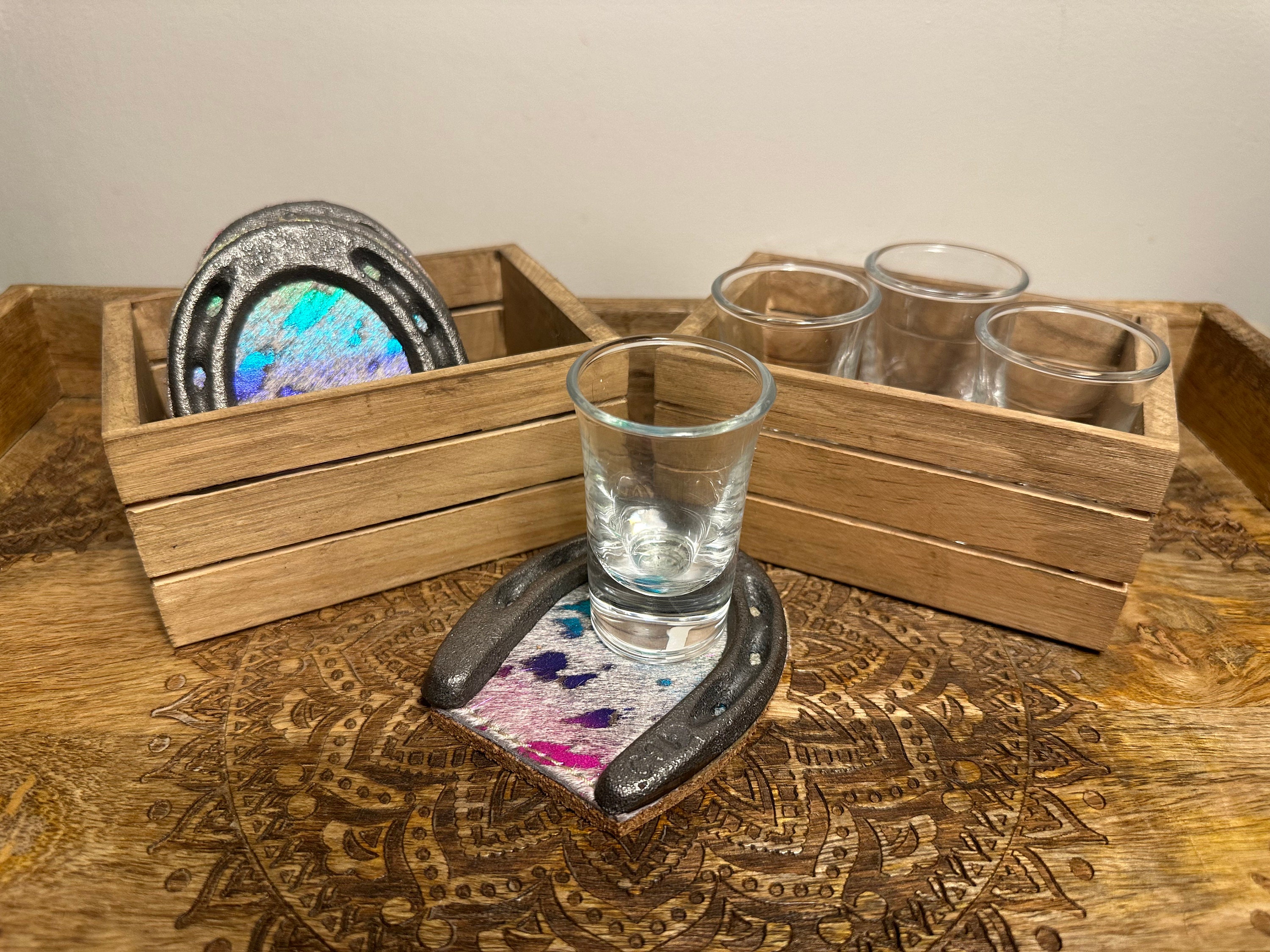 Rainbow Acid Wash Cowhide Horseshoe Coaster & Shot Glass Set - Etsy
