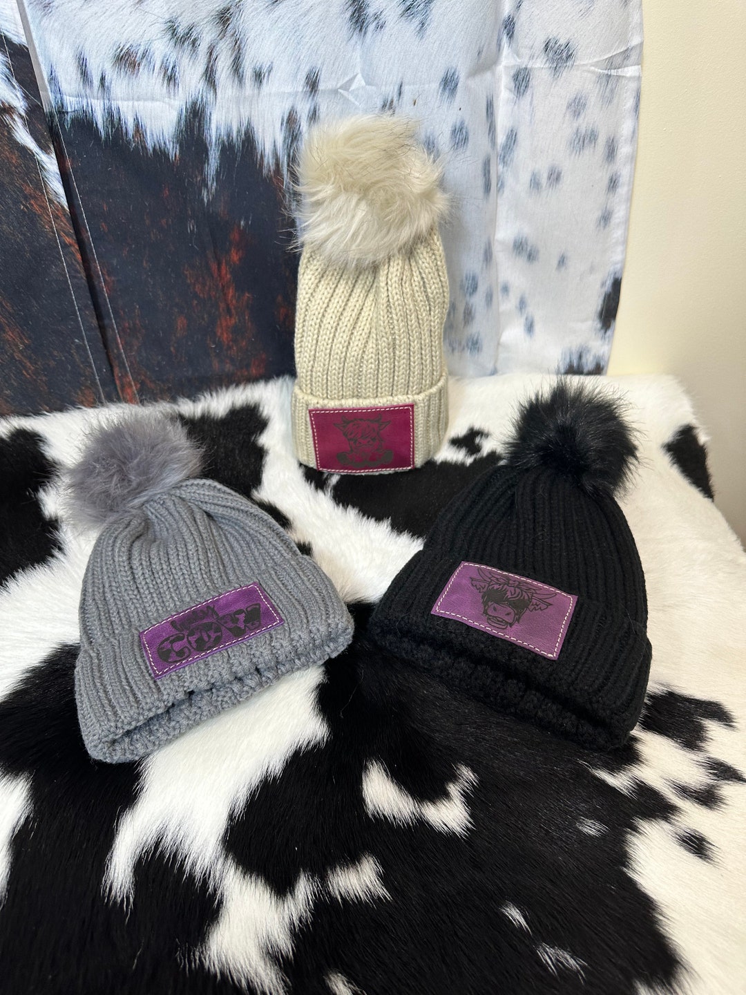 Highland Cow Beanie Hat With Leather Engraved Patch/highland Cow Hat ...