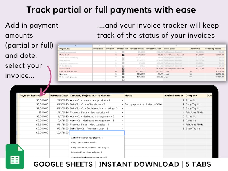 Invoice Tracker Spreadsheet for Google Sheets | Client Payment Tracker ...