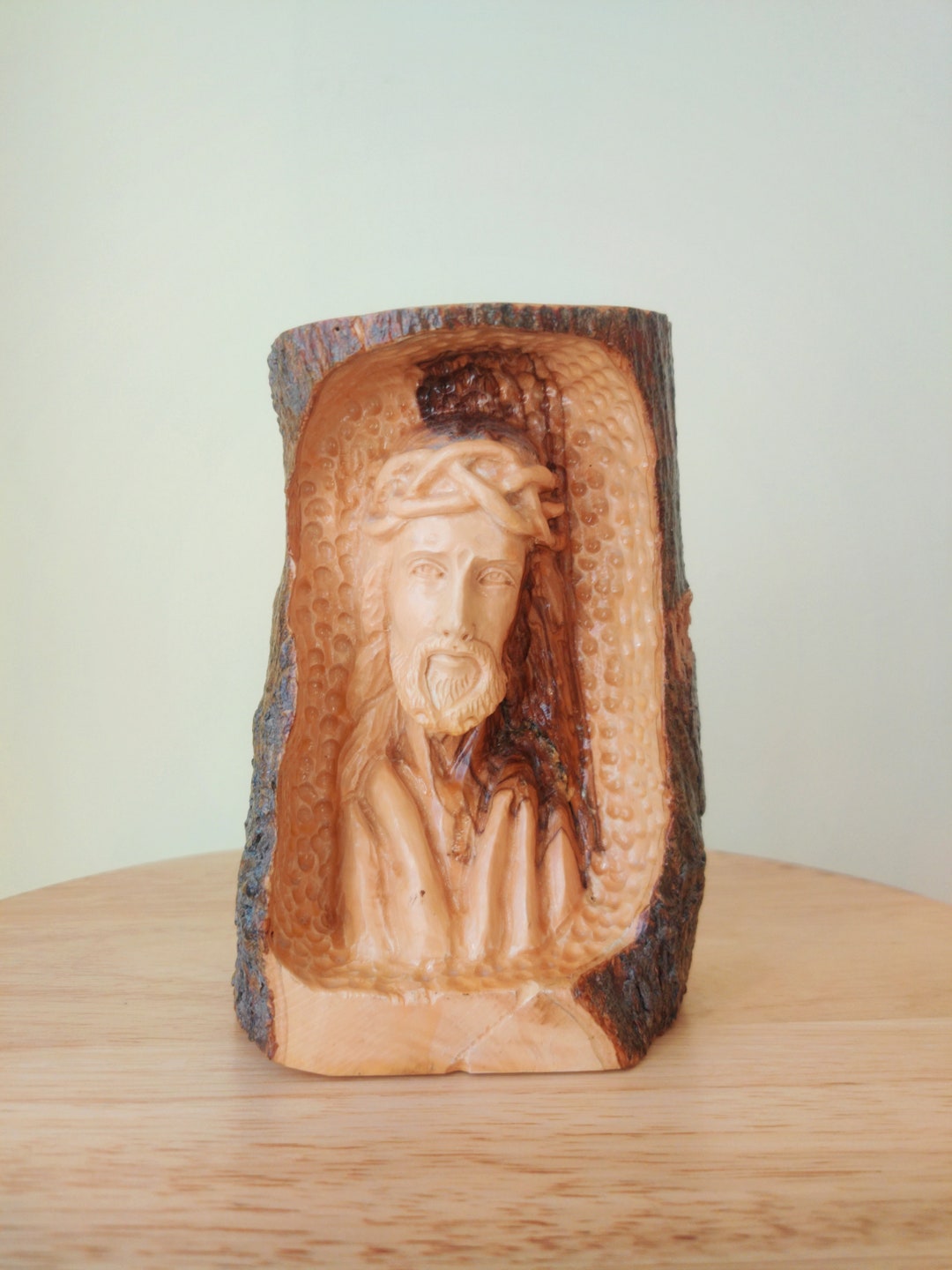 Wood Carved Sculpture Face of Jesus With Crown of Thorns - Etsy