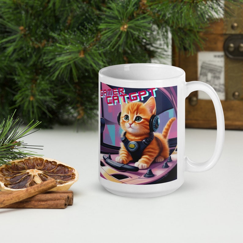White Glossy Mug of Gamer Cat-gpt, Funny, Cartoon, AI, Humour, Tech ...