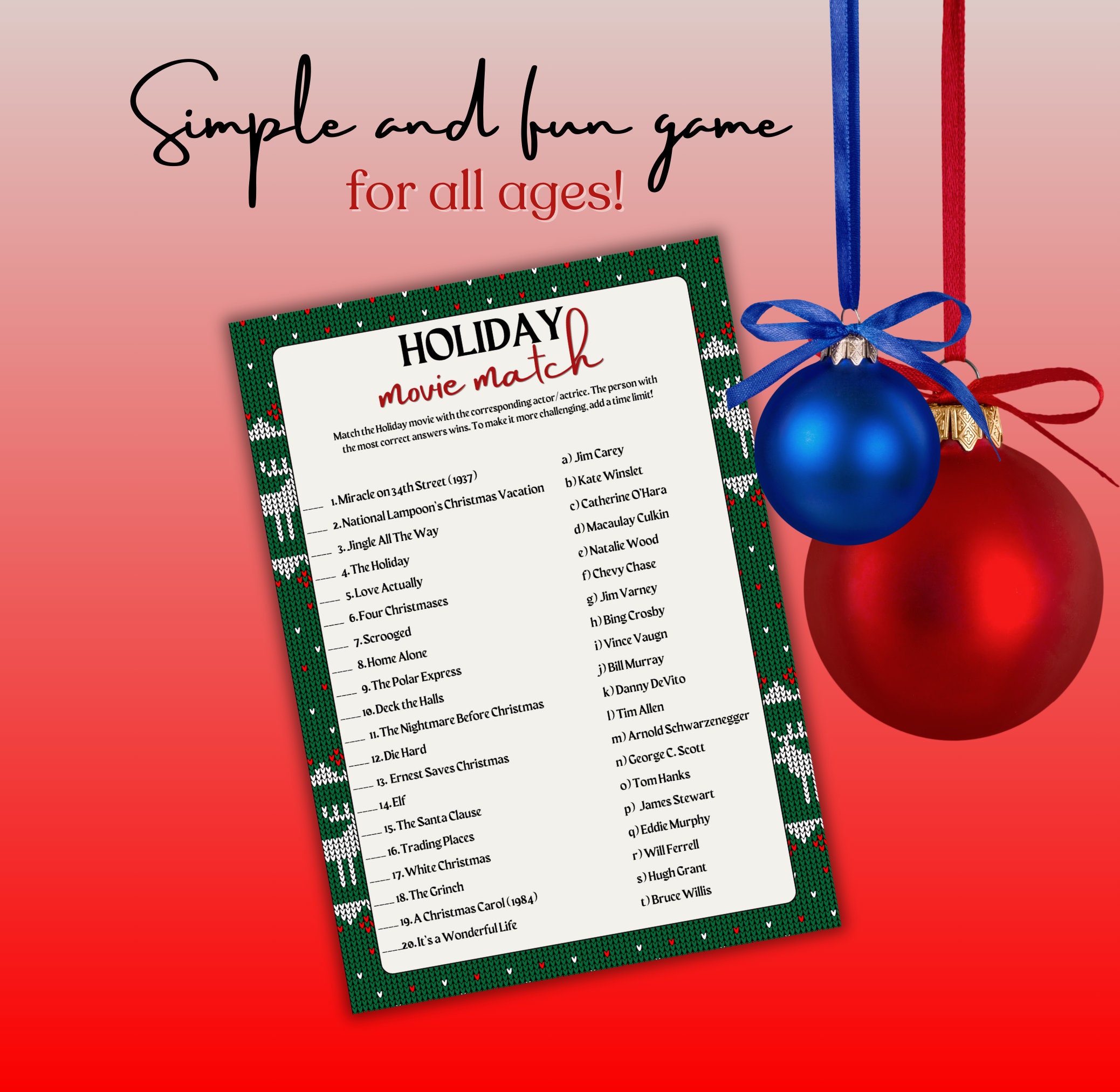 Christmas Party Game Holiday Game Trivia Christmas Movie Match Holiday ...