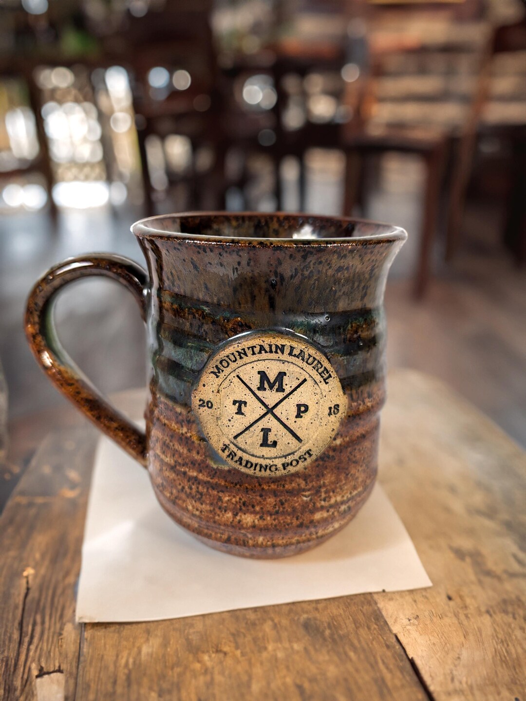Handmade 16oz Rustic Brown Mug With Dark Green Rim and MTLP Logo Badge ...