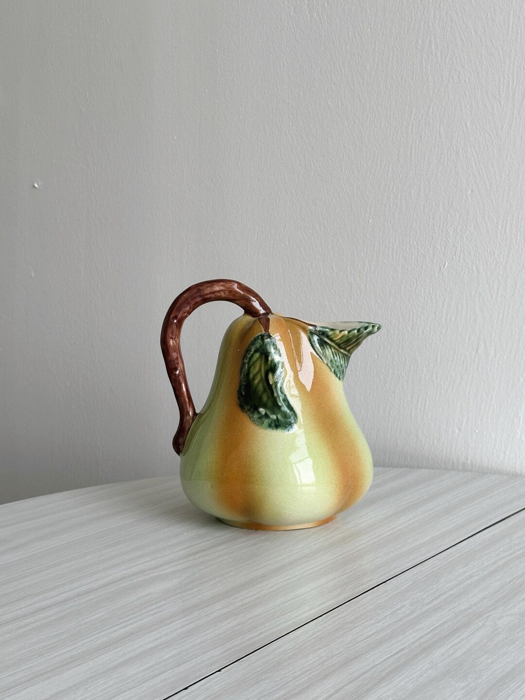 Pear-shaped Slip-glazed Ceramic Pitcher With Leaf Decoration, Rustic ...