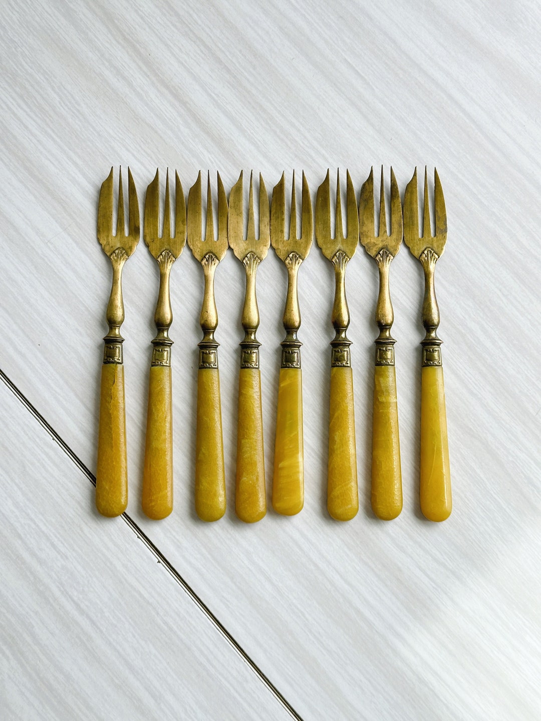 Set of 8 Vintage Gold Metal Dessert Forks, Yellow Bakelite Handle ...
