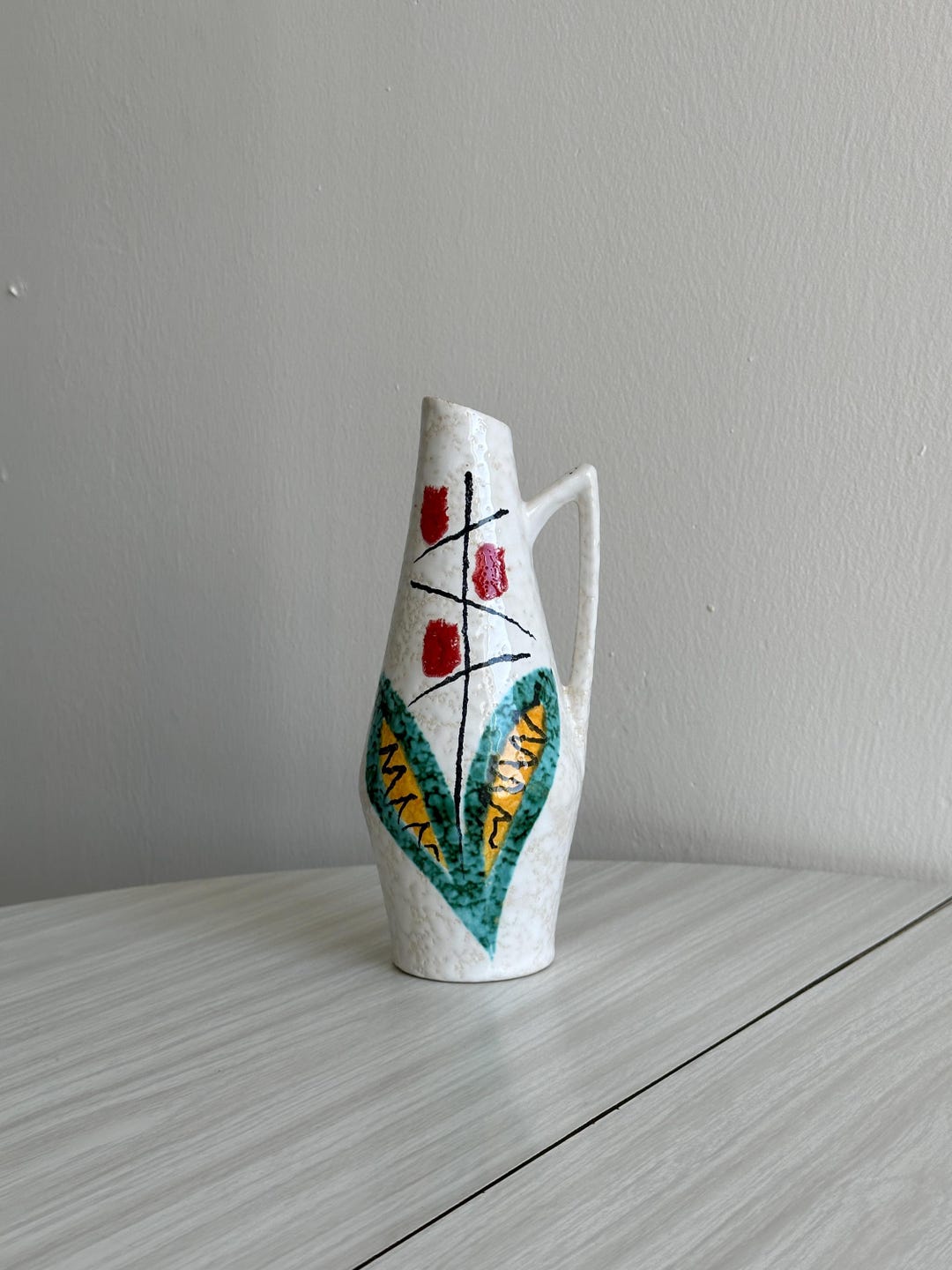 Vintage Ceramic Pitcher With Hand Painted Floral Pattern, 50s Retro ...