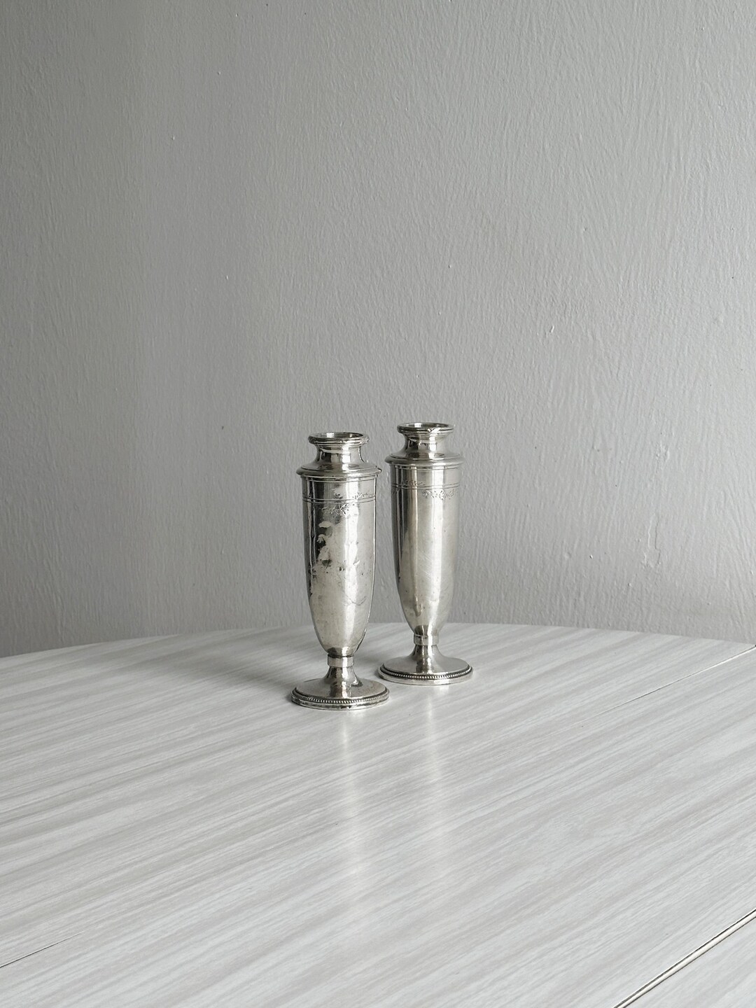 Duo of Single-flower Vases in Patinated Silver Metal, Refined Style for ...