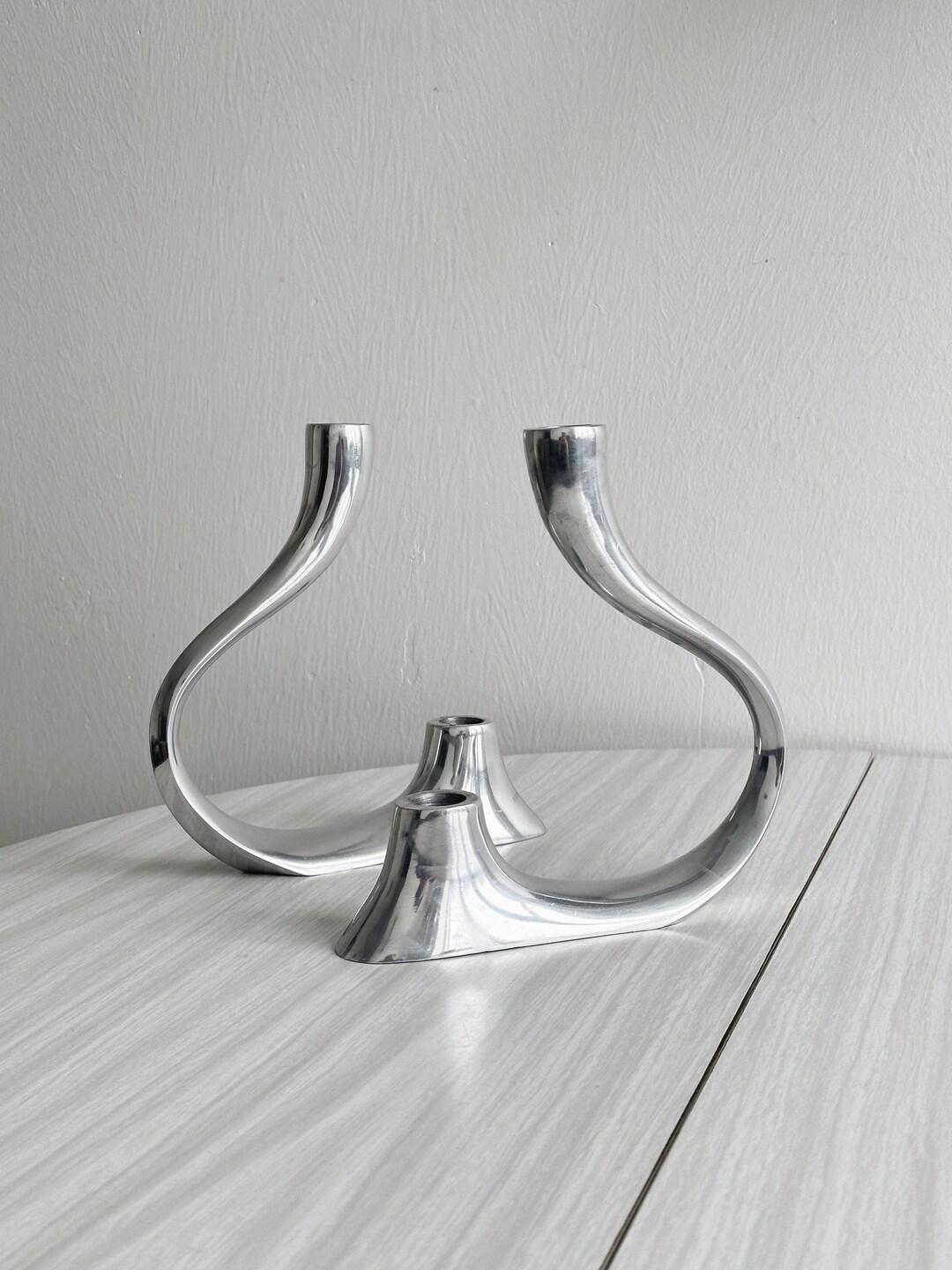 Pair of Designer Candlesticks in Chrome Metal, Modern and Refined Style ...