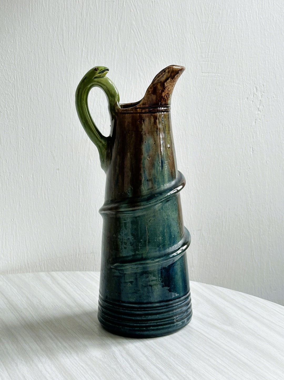 Handmade Glazed Ceramic Pitcher, Unique Design With Snake Handle, Green ...