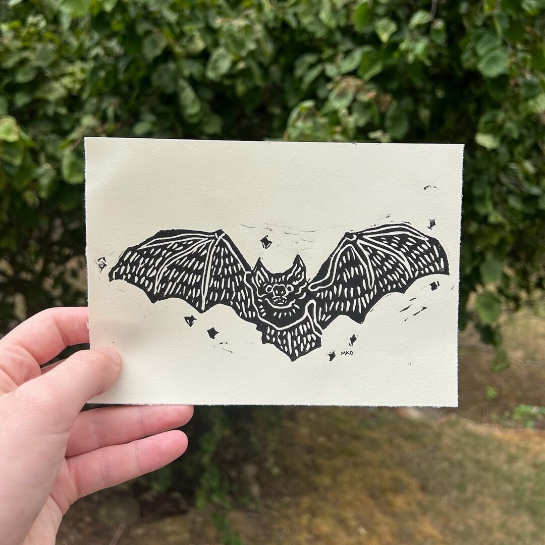Bat Linocut Print | Handmade 5x7" Print | Linocut Art, Wall Decor - Etsy