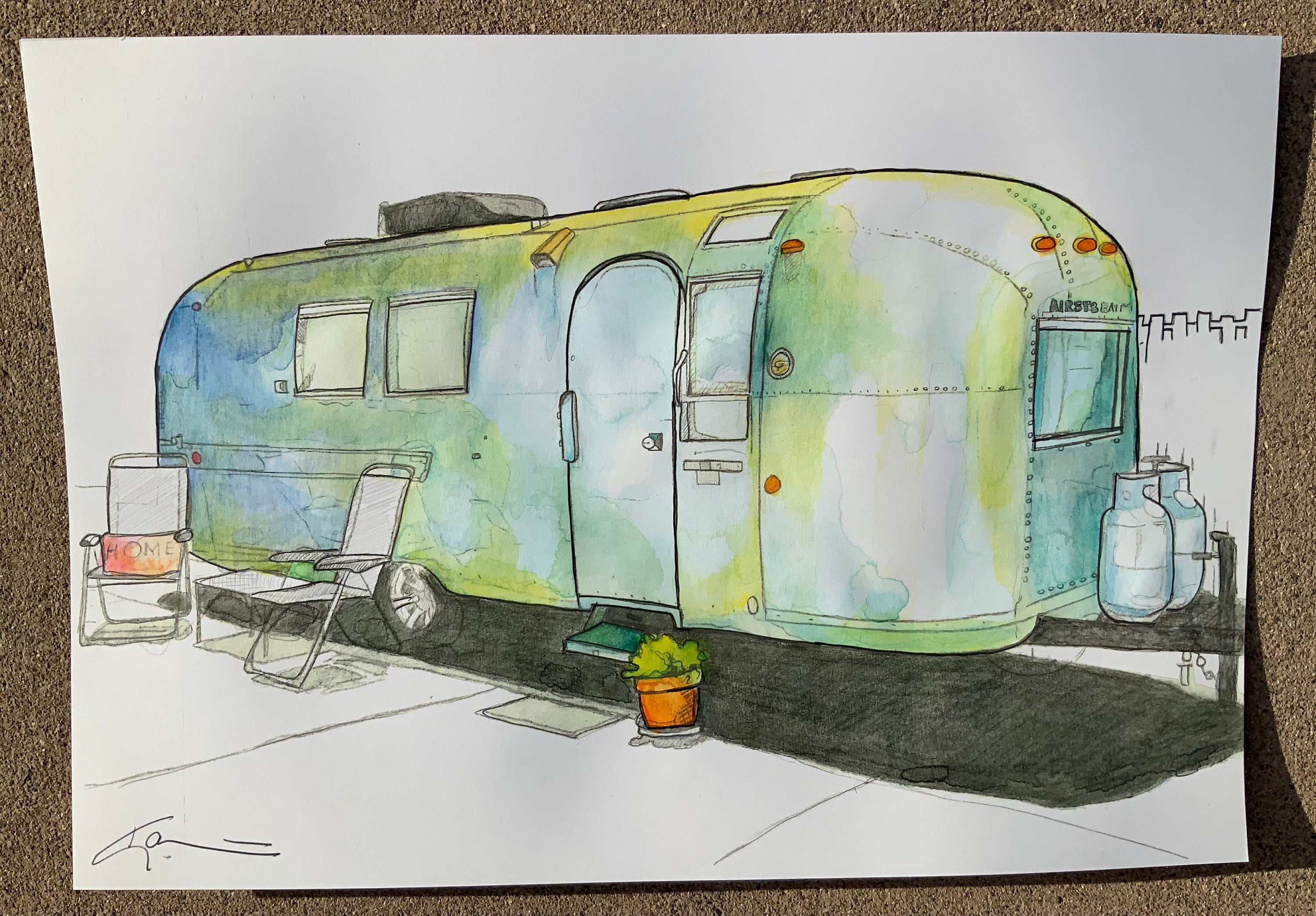 Original Watercolor Painting Airstream Blue 1 - Enhanced Print - Etsy