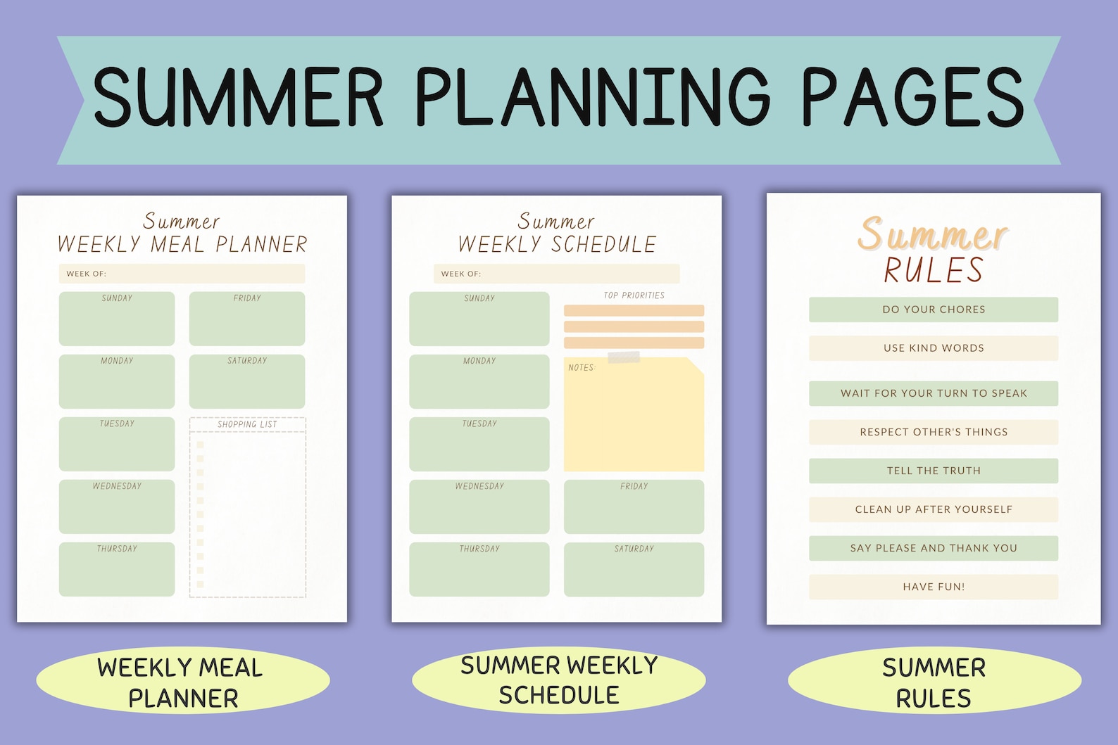 Editable Summer Schedule Pack for Family Summer Calendar Planner Chore ...