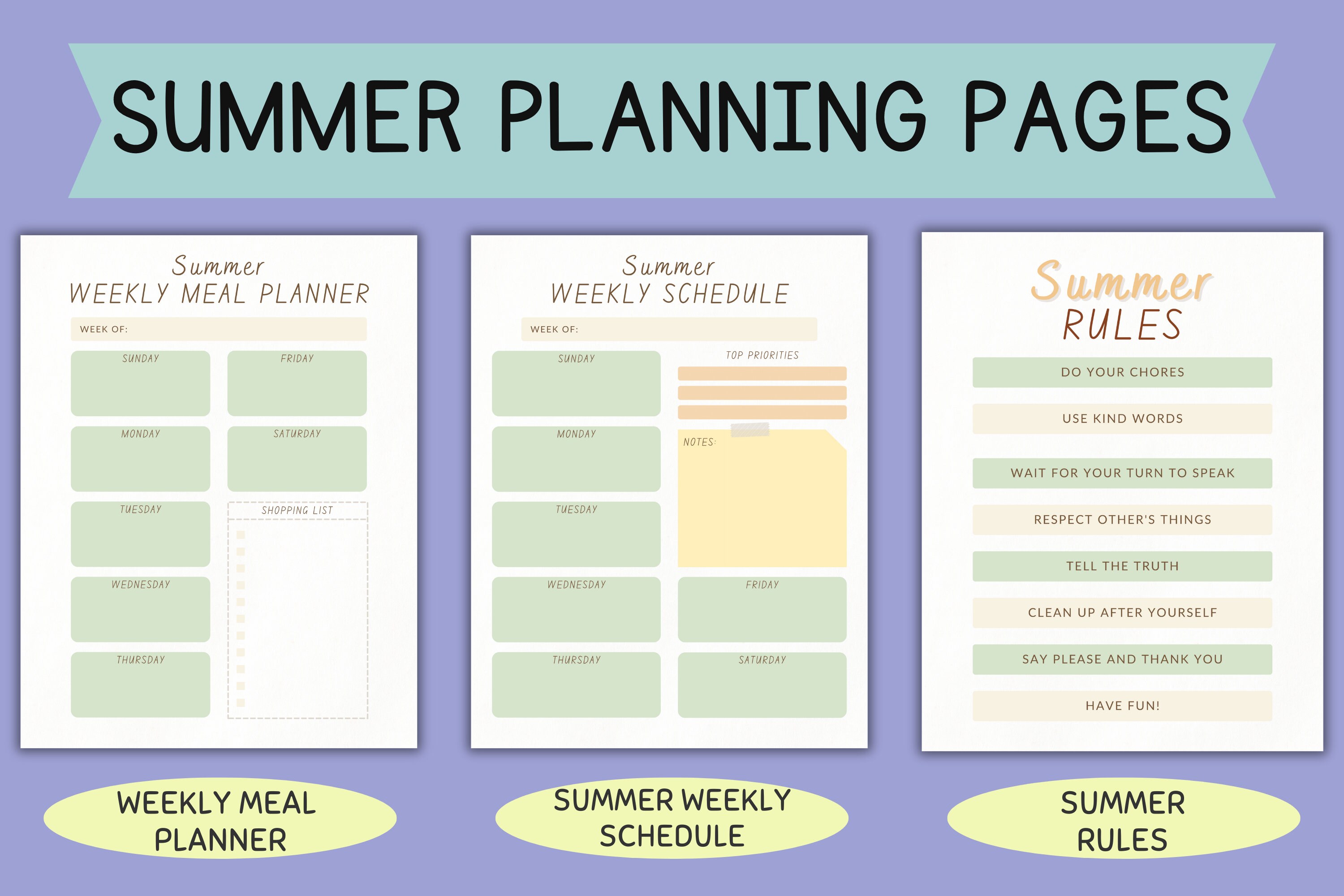 Editable Summer Schedule Pack for Family Summer Calendar Planner Chore ...