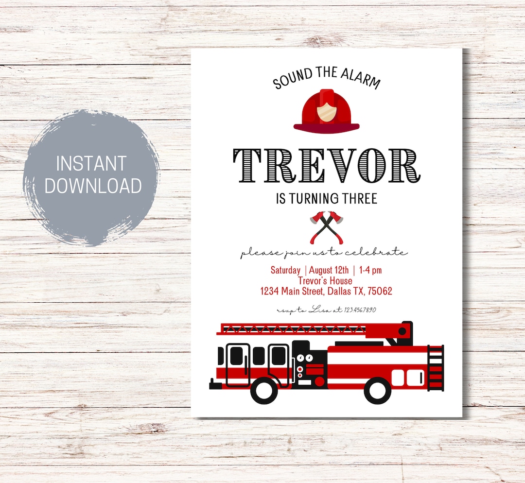 Fire Truck Birthday Invitation Template, Firefighter Birthday Invite ...