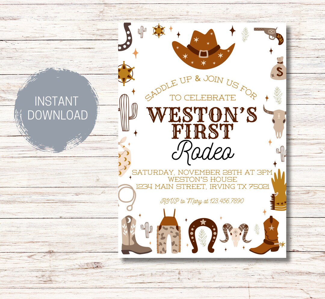 Editable My First Rodeo Invitation Cowboy Birthday Invite Wild West ...