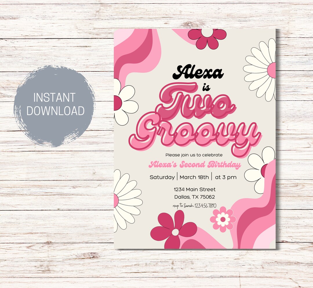 TWO GROOVY Invitation Template Retro 2nd Birthday Party Hippie 70s ...