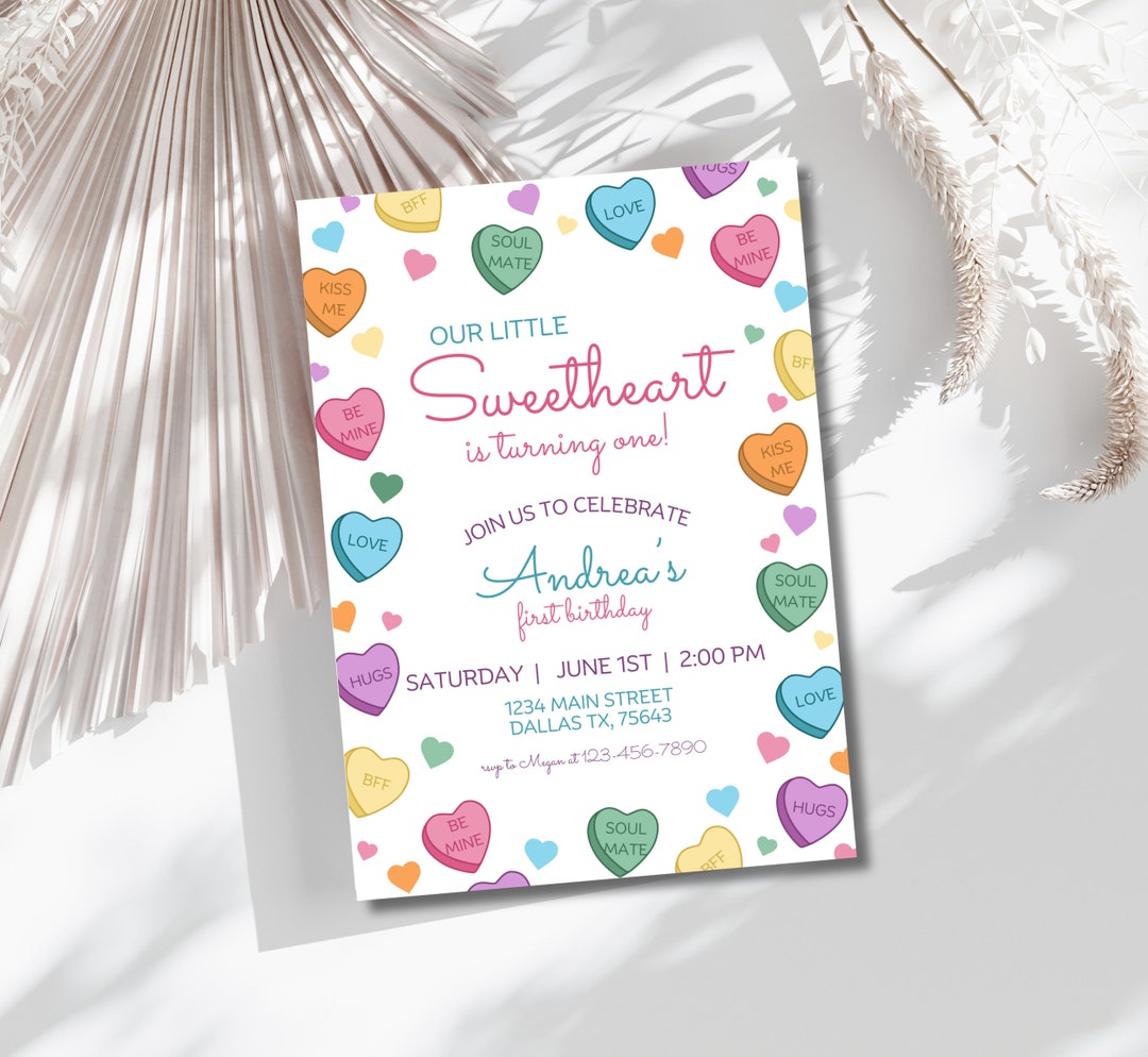Our Little Sweetheart is Turning One Invite, Conversation Hearts ...