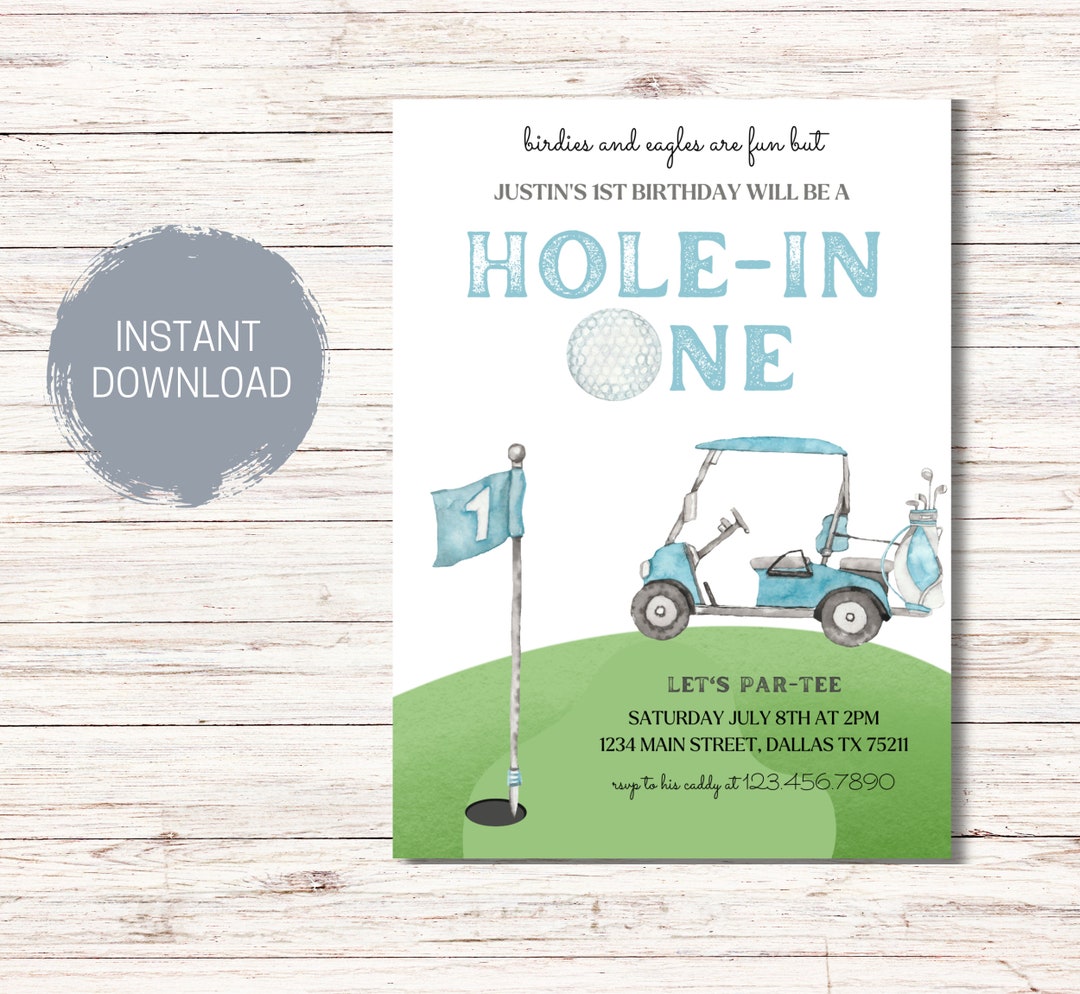 Golf 1st Birthday Party Invitation Template, Hole in One Boy Golf First ...